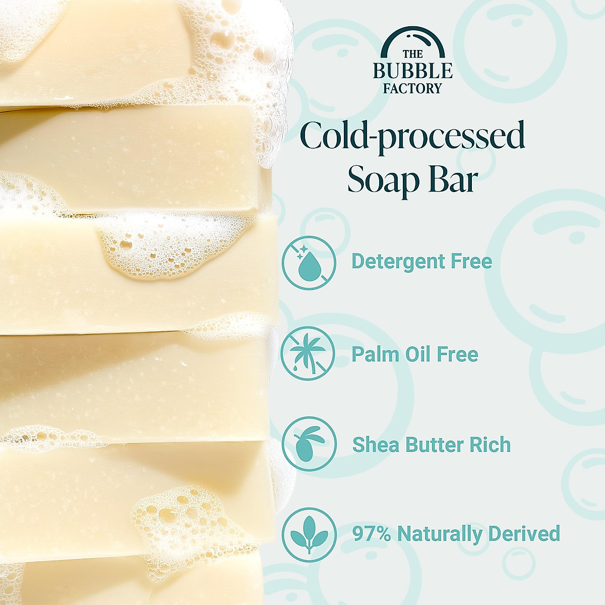 The Bubble Factory Handmade Natural Bath & Body Soap Bar, Vegan, All-Natural, Palm Oil Free, Made in USA with Shea Butter + Essential Oils, Unscented, 3 Bars