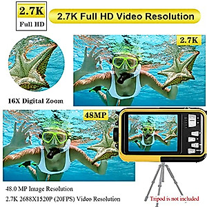Waterproof Digital Camera Underwater Camera Full HD 2.7K 48 MP Video Recorder Selfie Dual Screens 16X Digital Zoom Flashlight Waterproof Camera for Snorkeling (Yellow)