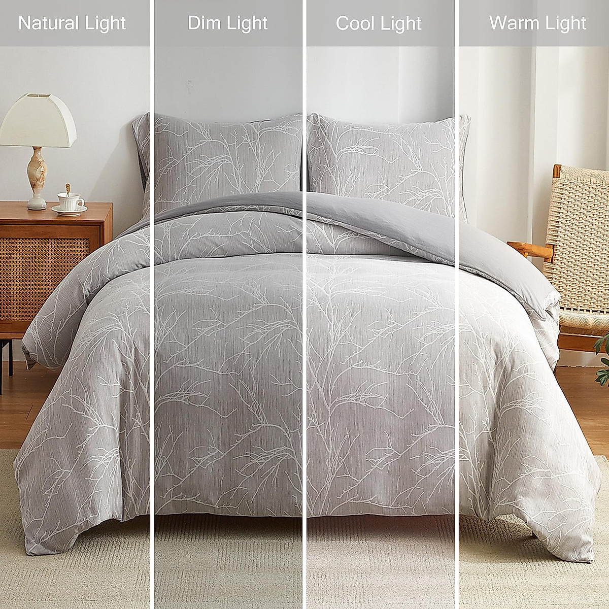 ARYURBU King Size Duvet Cover Set, 3Pcs Microfiber Double Yarn Jacquard Comforter Cover, Breathable Ultra Soft Branch Floral Bedding Set with 2 Pillow Shams for All Season Use, Grey