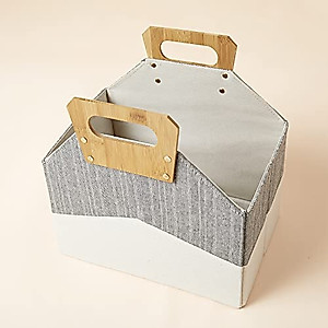 LA JOLIE MUSE Modern Magazine Rack Basket, Urban Style Book Holder Floor, Chic Tweed Fabric Storage Organizer with Bamboo Handles, Light Gray & White Color