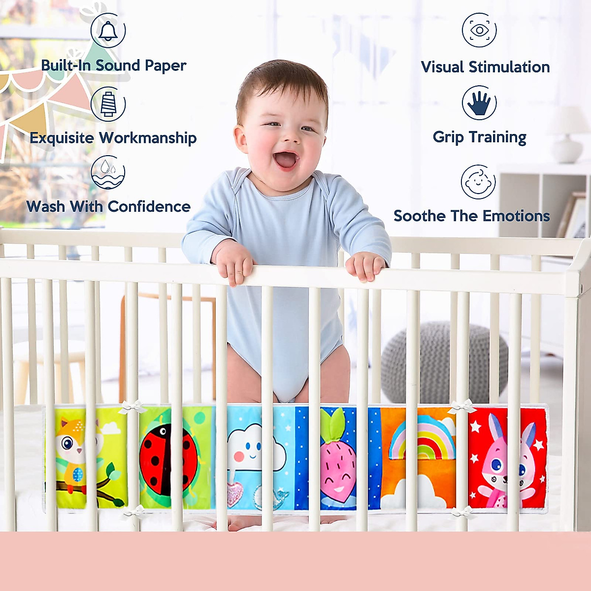 GFPGYQ Black and White High Contrast Baby Soft Books, Newborn Tummy Time Crib Toys for 0 3 6 to 12 Months, Stimulation Brain Development Color Crinkle Cloth Book