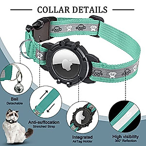 Reflective AirTag Cat Collar, FEEYAR Integrated GPS Cat Collar with Apple Air Tag Holder and Bell, Safety Elastic Band Tracker Cat Collars for Girl Boy Cats, Kittens and Puppies [Green] 7-9 Inch