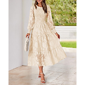 BTFBM Casual Women's 2025 Fall Dresses Elegant Wedding Guest Dress Long Sleeve Floral Midi Dress Flowy Bohemian Long Dress(Apricot,Small)