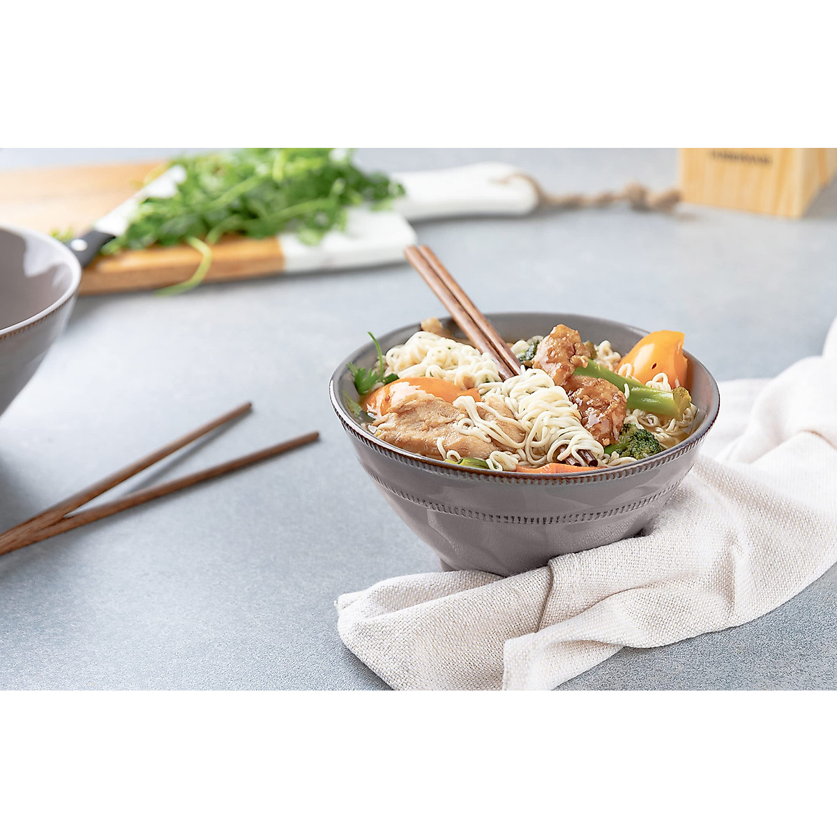 KooK Terracotta Japanese Ramen Bowls, Microwavable, Dishwasher Safe, for Rice, Udon, Soba, Pho, 36 oz, with One Set of Wooden Chopsticks, Perfect For Gifting, Set of 2 (Carbon Grey)