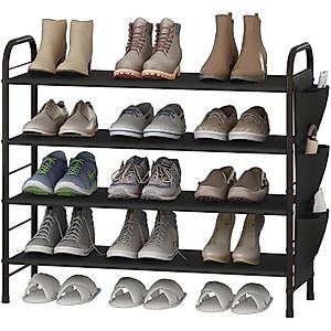 SUOERNUO Shoe Rack Storage Organizer 4 Tier Free Standing Metal Shoe Shelf Compact Shoe Organizer with Side Bag for Entryway Closet Bedroom,Bronze