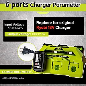 CaliHutt 【 Wall-Hole】 Replace 6 Port Chrager for P135 P117 Ryobi 18V Lithium-Ion Charger Fast Charge with Power Choose Button,6 LED Indicators