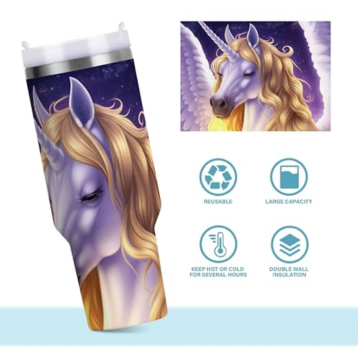 Beautiful Unicorn Horse Stainless Steel Tumblers with Straw and Handle for Water, Insulated Water Bottle 30 OZ / 0.89 L