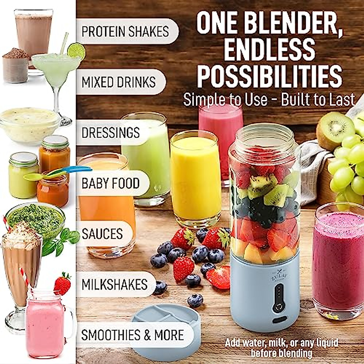 Zulay Kitchen 18 oz Personal Blenders that Crush Ice - USB-C Rechargeable, Cordless Travel Blender - Portable Smoothie Blender On the Go, Frozen Fruits, & Veggies with 6 Sharp Blades (Light Blue)