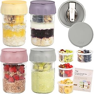SOLIGT 4 Pack Overnight Oats Containers with Lids, Folding Spoons and Divided Compartments for Fruit & Nuts, Small Glass 16oz Mason Jars for Oatmeal Yogurt Parfait