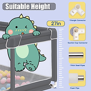 BRIAN & DANY Extra Large Baby Playpen, 59"x71" Play Yard for Babies and Toddlers with Gate, Sturdy Safety Baby Fence with with Basketball Frame, Ocean Balls, Pull Rings and Handbag (Grey)