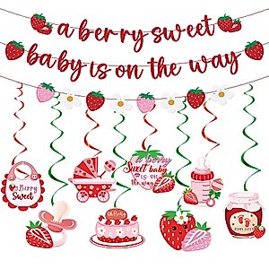 Refavor Strawberry Baby Shower Decorations - A Berry Sweet Baby Is on the Way Banner Decorations Cute Strawberry Shortcake Decorations Strawberry Sweet Baby Hanging Swirls Ceiling Decorations Girls