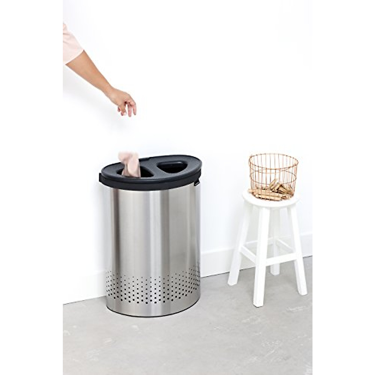Brabantia Large Laundry Hamper (Matt Steel) Bathroom Bedroom Dirty Clothes Basket with 2 Sections, Inner Laundry Bags, Discrete Lid - 14.5 Gal