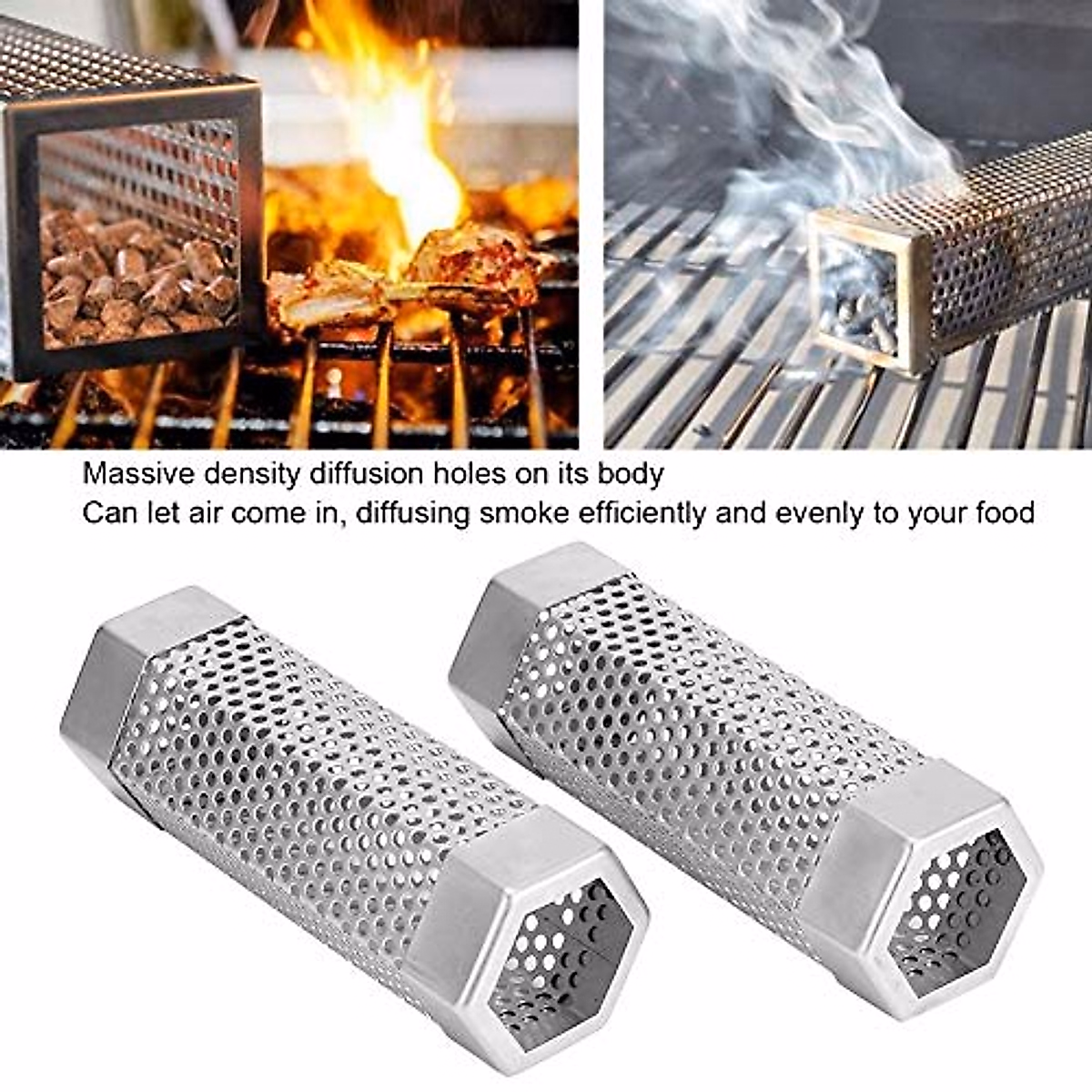 Premium Pellet Smoker Tube 2Pcs BBQ Grill Mesh Tube Pellets Smoke Box 6in Stainless Steel Barbecue Accessory for Any Grill or Smoker, Hot or Cold Smoking(2#)