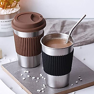 Hoshen 17 Ounce Tumbler Mug (With Silicone Lid), Stainless Steel Coffee Cup, Anti-Scald Coaster, Beverage Cup，Brown