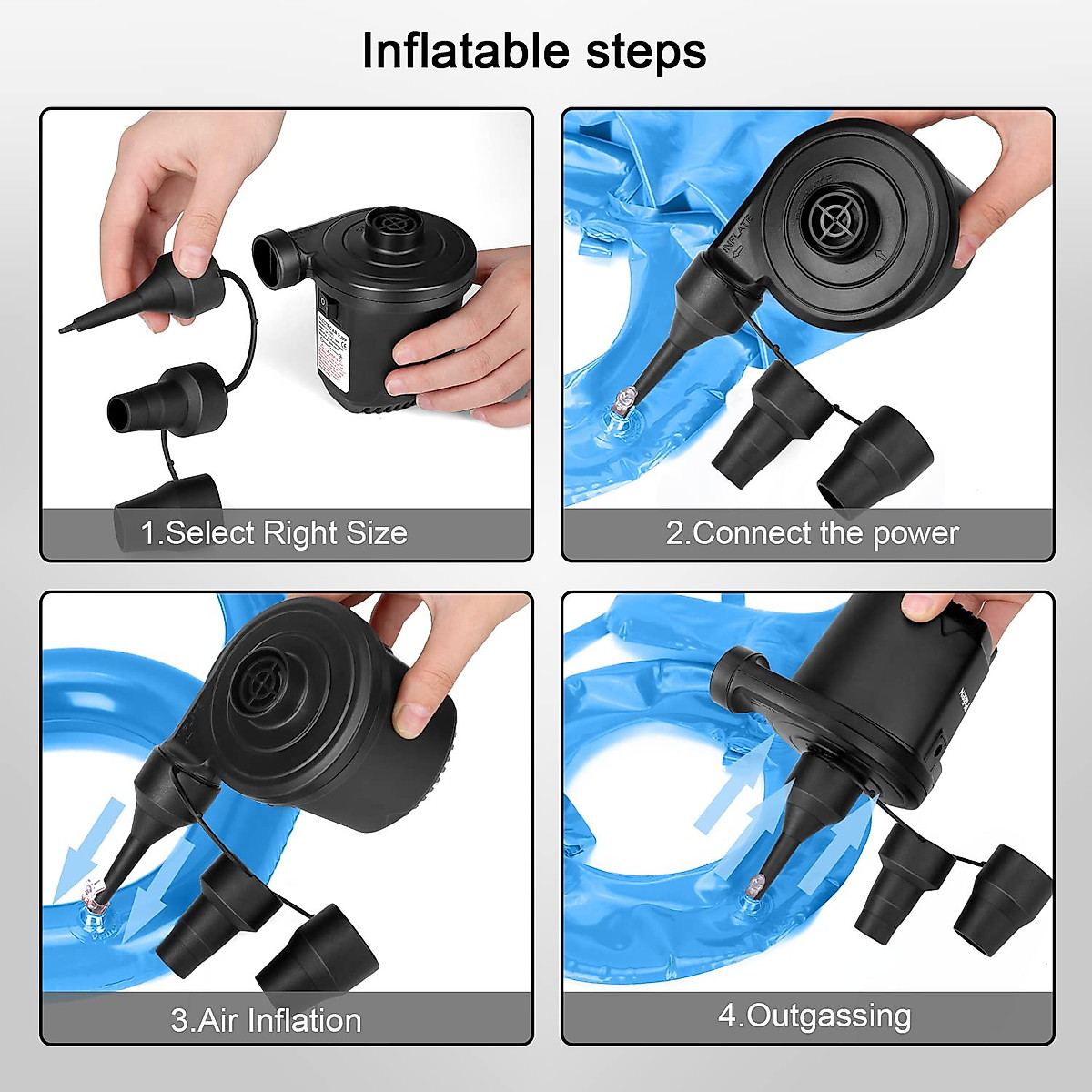 Air Pump for Inflatables, Portable Quick-Fill Electric Air Mattress Pump with 3 Nozzles, Inflator & Deflator Pumps for Outdoor Camping, Pool Floats, Inflatables Couch, Swimming Ring, 12V DC/110V AC