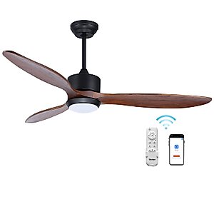 Ovlaim 52 Inch Solid Walnut Wood Ceiling Fans with Lights Remote Control, 3 Blade Propeller Smart Ceiling Fan for Bedroom Living Room Indoor Outdoor, ETL Listed High CFM Quiet DC Motor