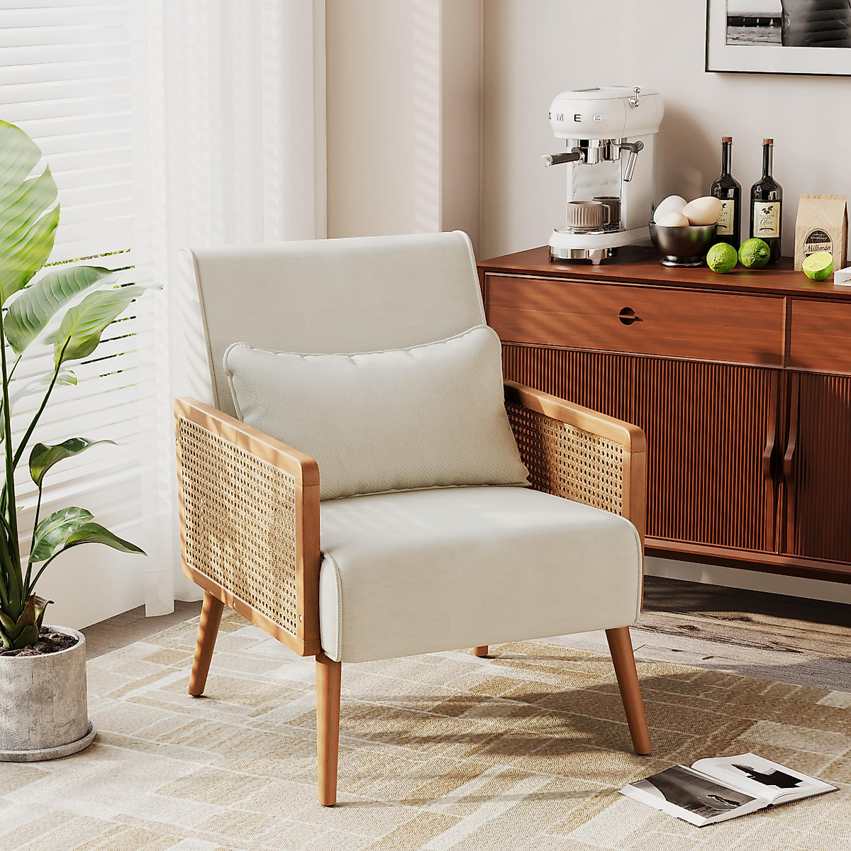 Mid Century Rattan Accent Chair Set of 2, Wooden Upholstered Leisure Armchair with Rattan Armrest, Modern Comfy Reading Accent Chair, for Living Room Bedroom Lounge Side Boho Club Chair, Beige