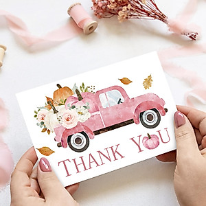 Whaline 24 Pack Fall Thank You Cards Bulk Pink Truck Pumpkin Floral Greeting Cards with Envelopes Stickers Blank Note Cards for Autumn Thanksgiving Wedding Bridal Baby Shower