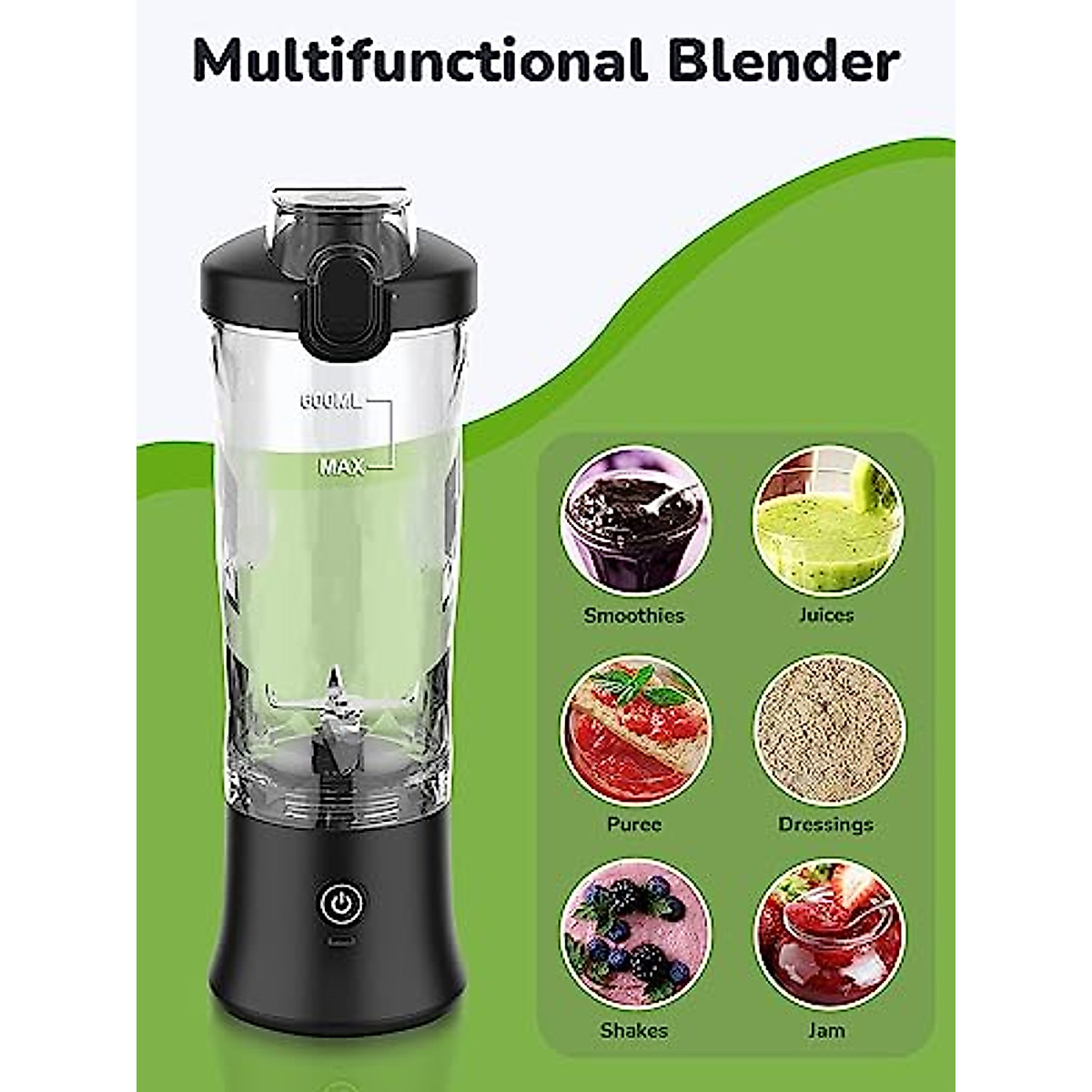 Portable Blender 20oz Large Capacity, 6 Blades Mini Blender for Shakes and Smoothies, BPA Free Personal Blender with Rechargeable USB, Fresh Juice Blender for On the Go, Black