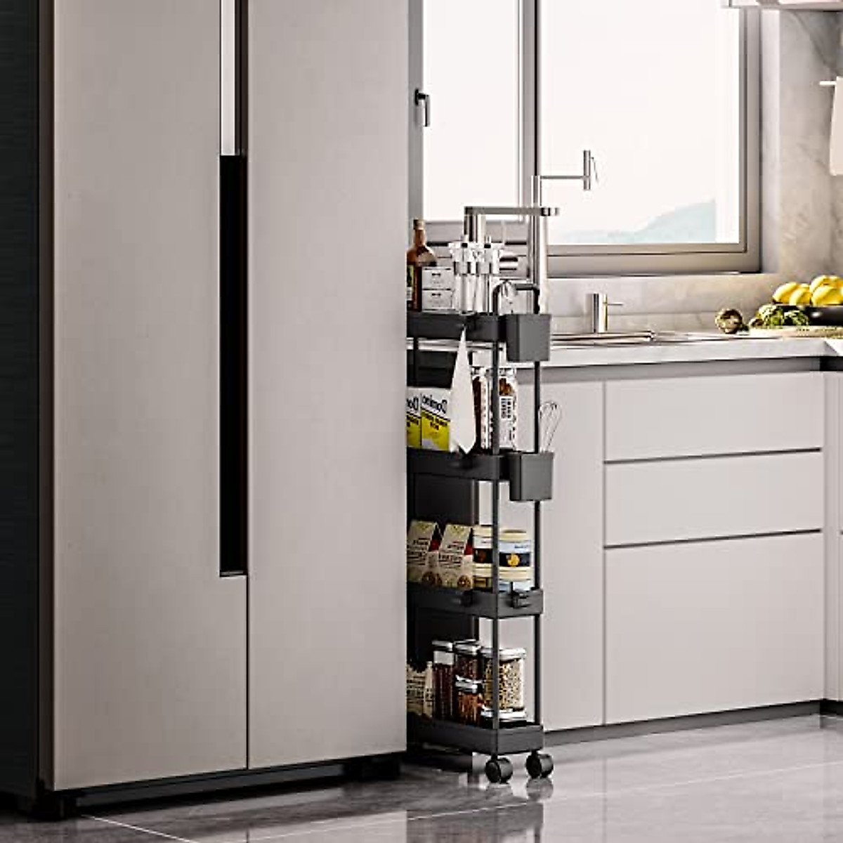 2 Pack 4 Tier Slim Storage Cart, Bathroom Organizer Storage Laundry Room Organization Rolling Utility Cart with Wheels, Mobile Shelving Unit Slide Out Standing Rack for Bathroom, Kitchen, Laundry