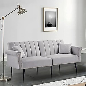 Antetek Convertible Futon Sofa Bed, Tufted Velvet Loveseat Sofa Couch with 3 Position Adjustable Backrest & 2 Toss Pillows, Mid-Century Modern Sofa for Living Room, Bedroom, Apartment, Grey