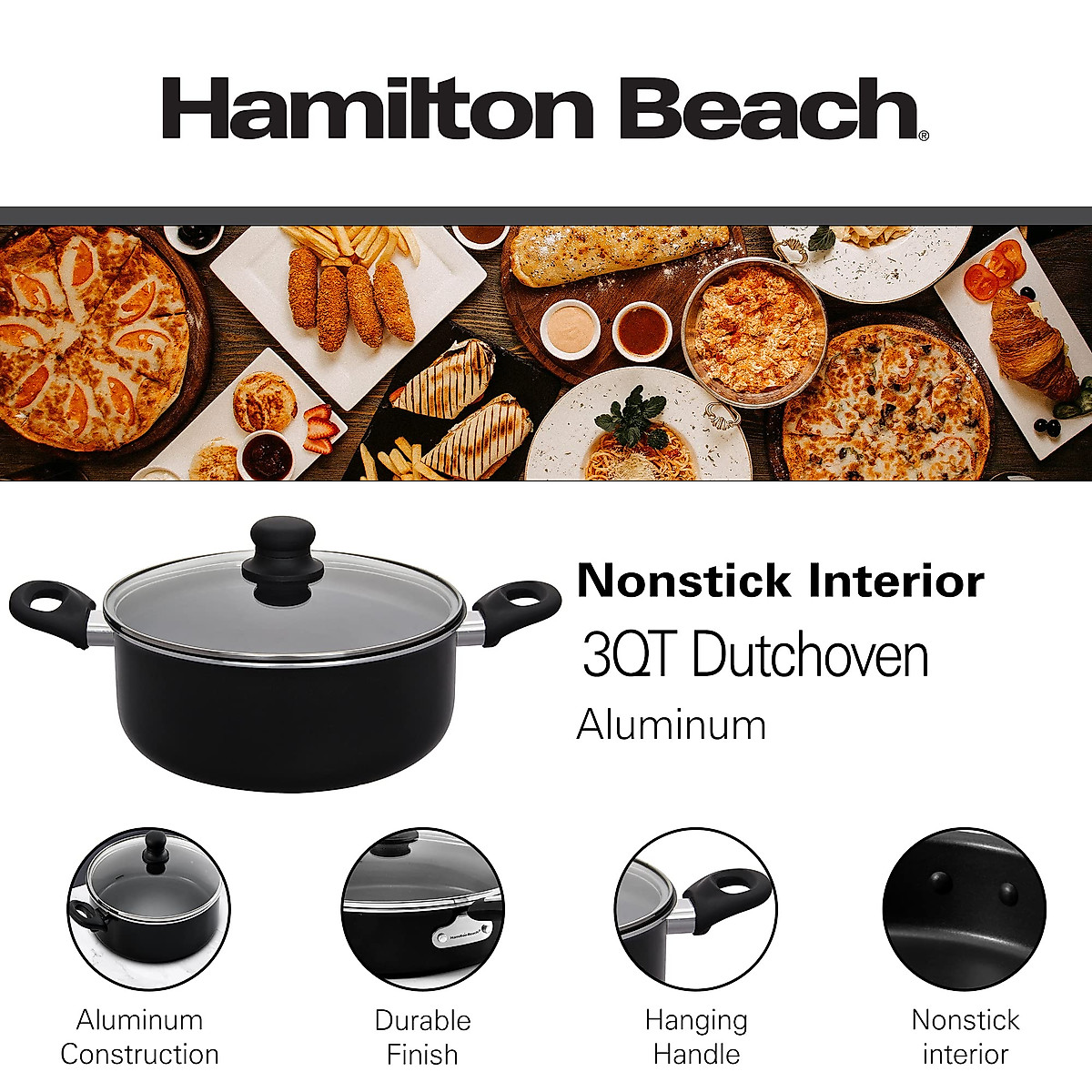 Hamilton Beach Nonstick Covered Dutch oven 3-Qt - Black Aluminum Dutch oven with Soft Touch Bakelite Handle & Glass Lid - Flared Edge - Spiral Bottom, Multipurpose Use - Durable & Dishwasher Safe