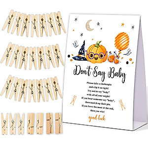 Don't Say Baby Clothespin Game, Halloween Baby Shower Game, One 5x7 Sign and 50 Mini Natural Clothespins, Gender Neutral, A Little Boo Baby Shower Decoration - MJZ57