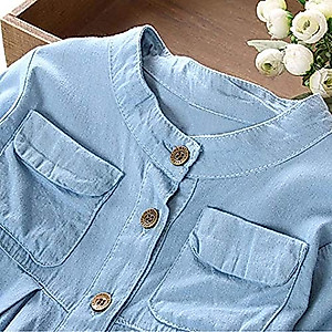 Baby Girls Kid Button Ruched Long Sleeve Pocket T-Shirt Tops Clothing Children Autumn Winter Fashion Blouse (Blue, 7-8 Years)
