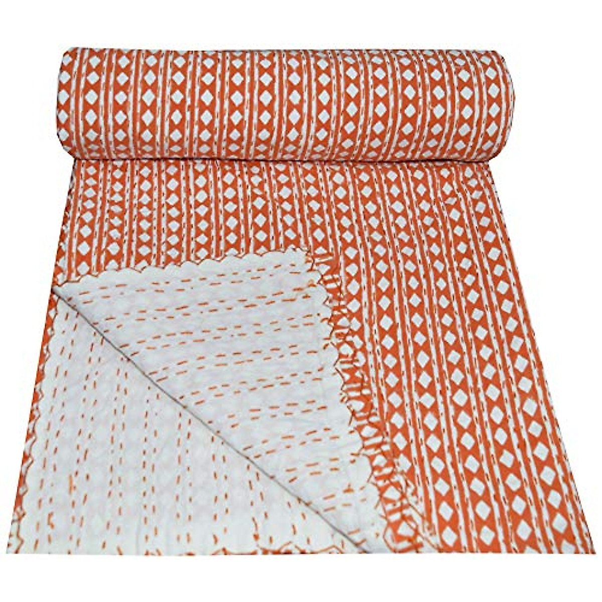 MAVISS HOMES Indian Block Print Quilt Kantha Quilts Queen Size Kantha Throw Quilt Blanket Kantha Bedspreas Pure Cotton Quilt (Twin 90 X 60 Inch, Orange)