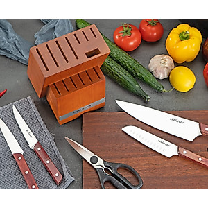 14 Slot Kitchen Knives Block, WELLSTAR Natural Wood Knife Holder without Knives – Hard Wood Countertop Knife Storage – Brown