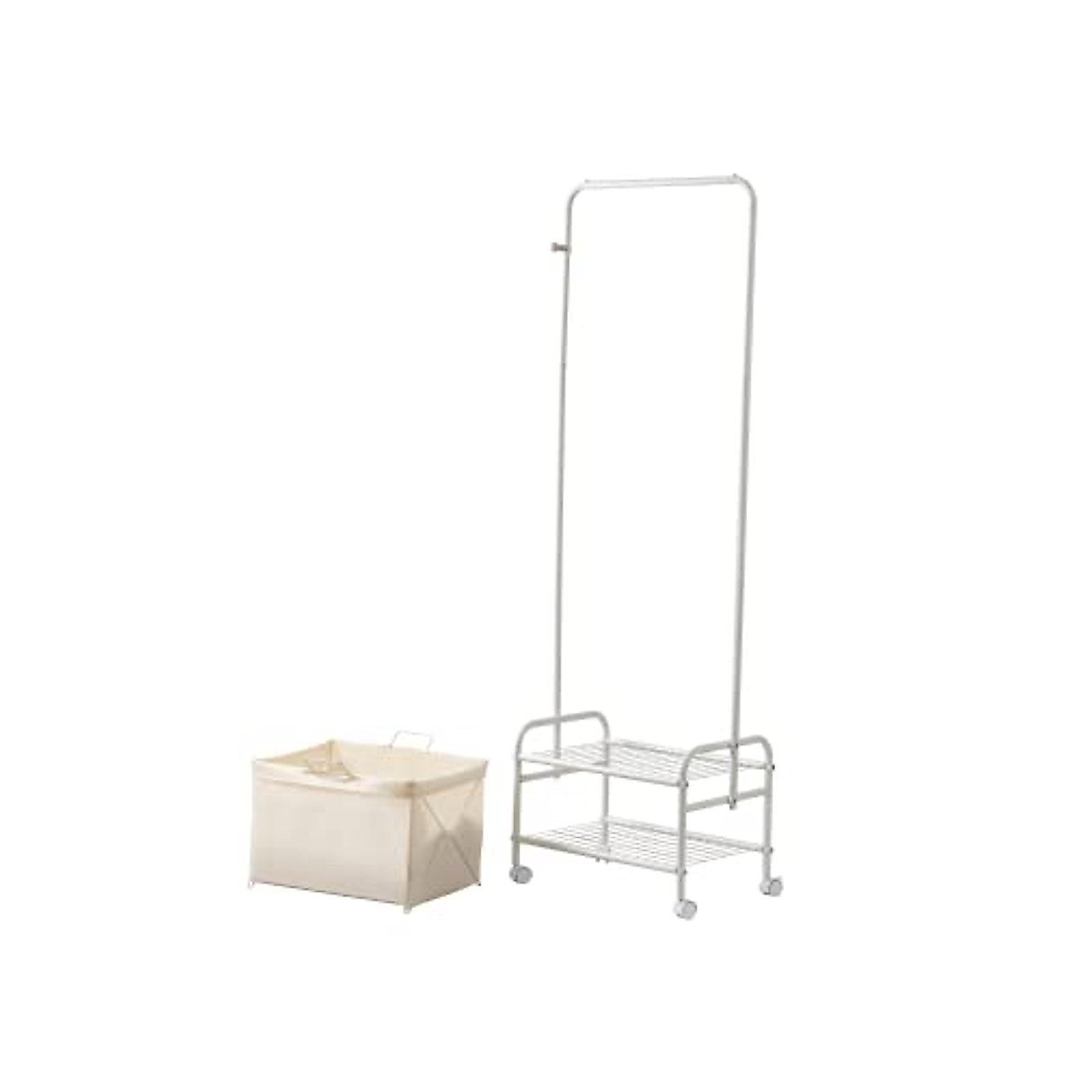 Hall tree Rack on wheels ,3 sections Laundry Cart on Entrance with shoe Storage Frames, top metal Garment Hanger rob, a removable Laundry Bag for organiser or storage,metal coat rack (white)