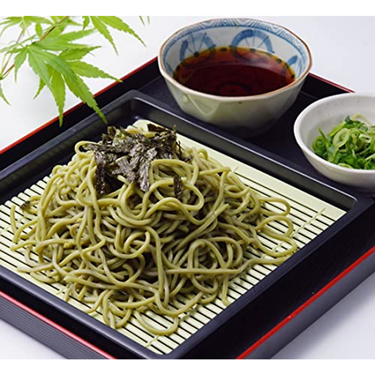 JapanBargain 3183, Japanese Soba Noodle Plates with Bamboo Look Drain Mat Lacquered Sushi Serving Trays Made in Japan, Set of 2