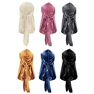 Tatuo 6 Pcs Velvet Durags for Men with Long Tail Stretchable Luxury Suede Durags(Grey, Dark Blue, Black, Gold, Beige, Light Pink)