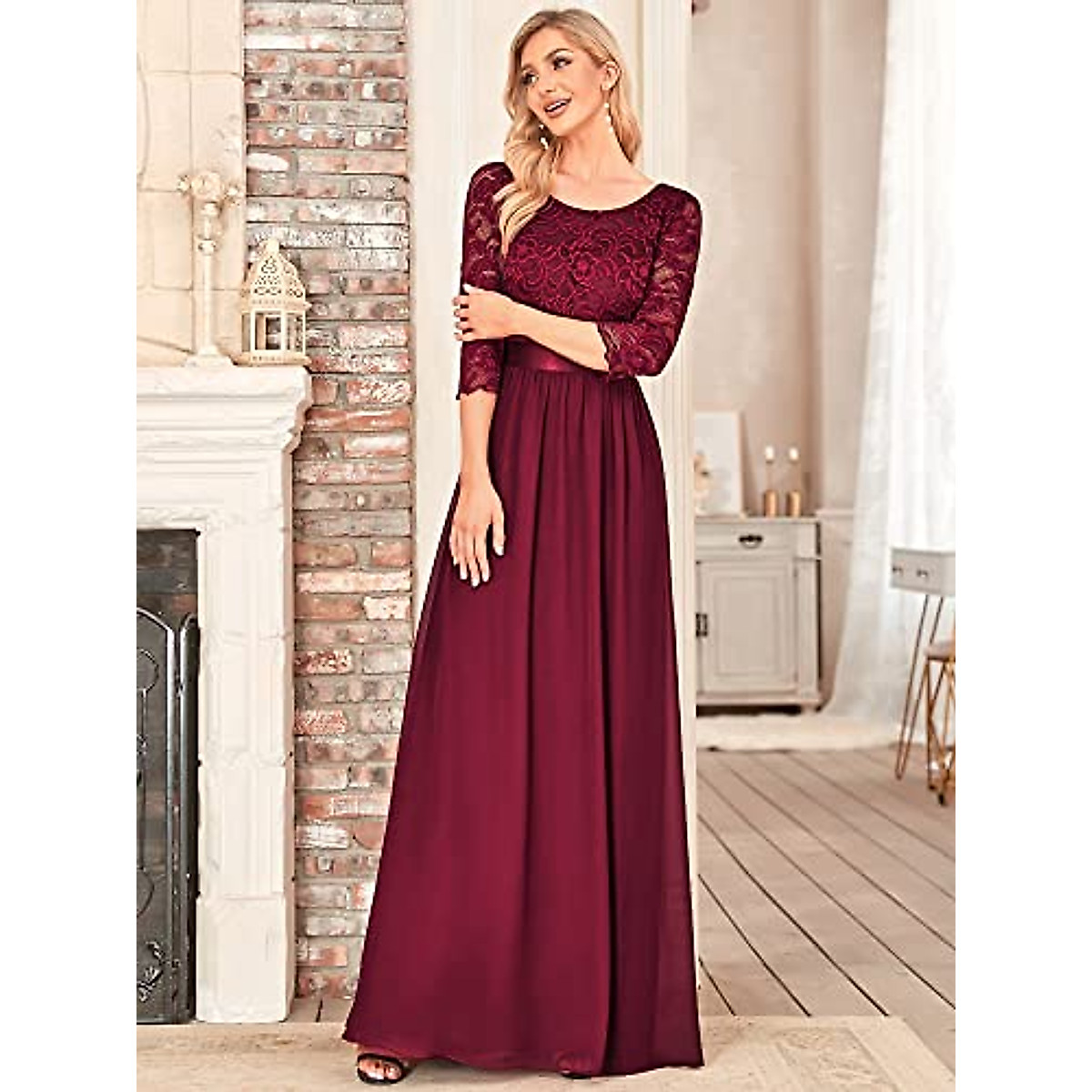 Ever-Pretty Women Lace Elegant 3/4 Sleeve Summer Maxi Evening Gown Burgundy US12