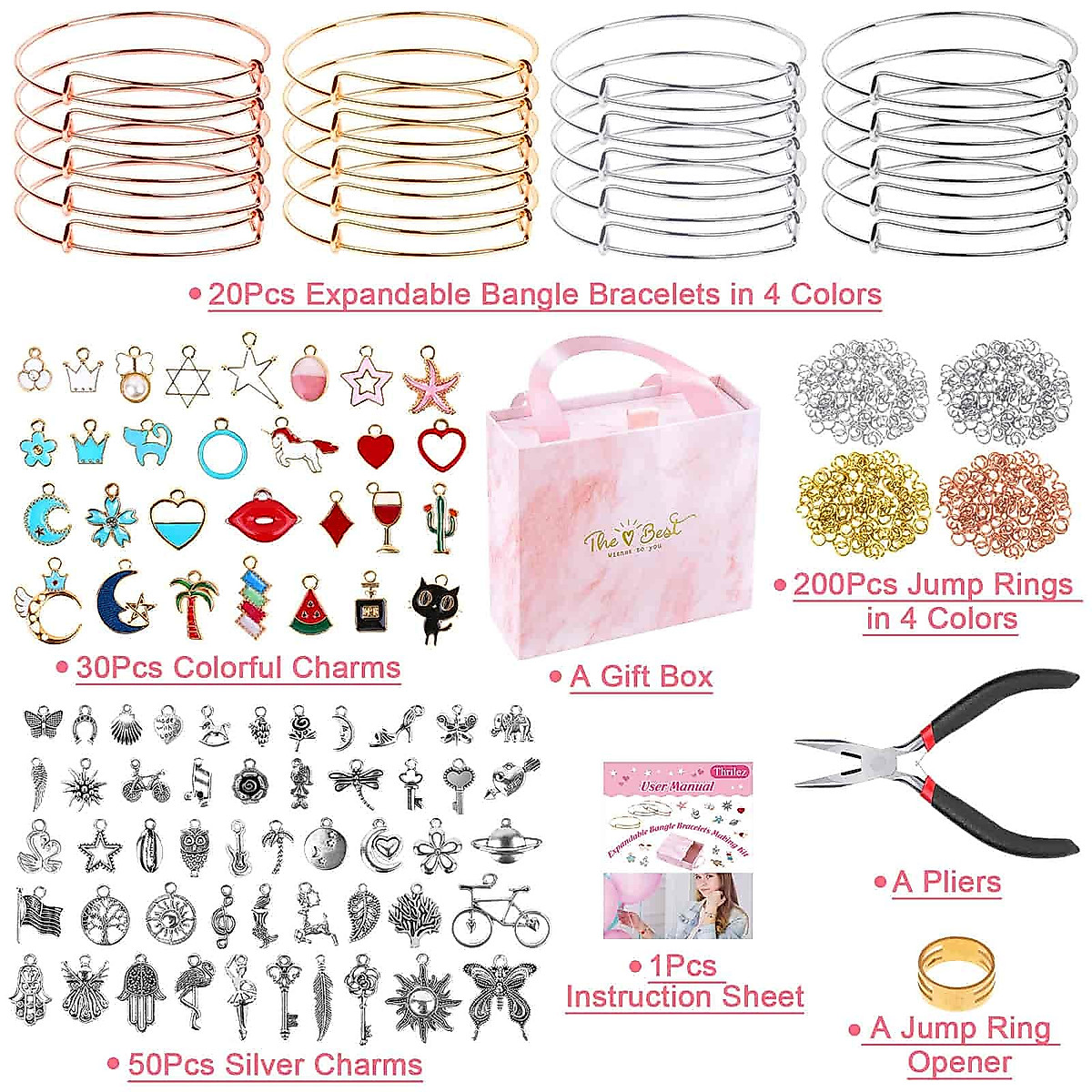 Thrilez 300Pcs Bangle Bracelets Making Kit, Charm Bracelet Making Kit with Expandable Bangles, Charms, Jump Rings and Pliers for Jewelry Making Bangle Bracelets (with Gift Box and Tools)