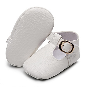 HONGTEYA Baby Girls Boys T-Strap Moccasins Baby Mary Jane Shoes Toddler Flats Infant Girl Shoes PU Soft Soled for Baby First Walk (White)