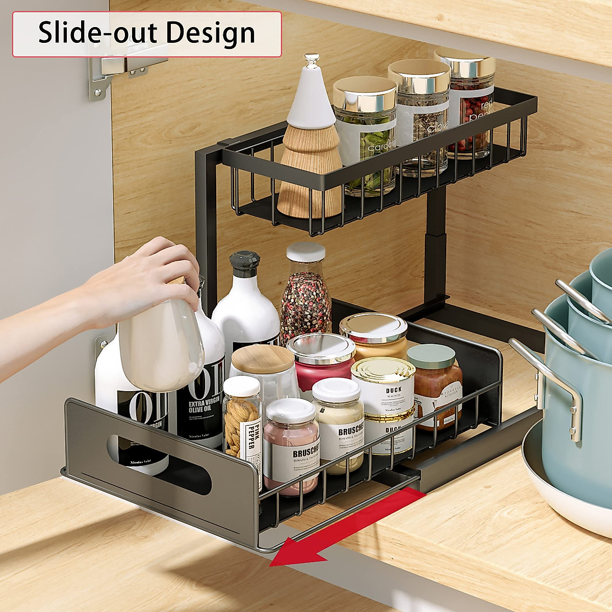 Under Sink Organizers and Storage, Multi-purpose 2-Tier Sliding Cabinet Basket Organizer Drawers, Kitchen Under Bathroom Storage Rack