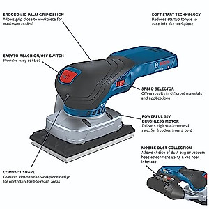BOSCH GSS18V-40N 18V Brushless Sheet Orbital Finishing Sander with Dust Bag, 1/4 Sheet and 1/3 Sheet (Bare Tool)