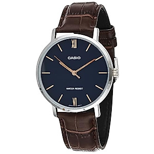 Casio MTP-VT01L-2B Men's Minimalistic Blue Dial Brown Leather Band Analog Watch