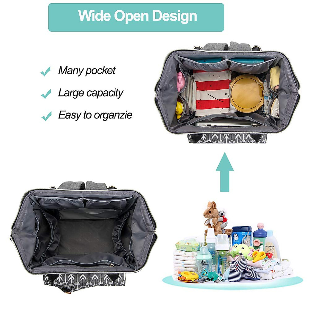 Lekesky Diaper Bag Backpack, Baby Diaper Bag for Mom Travel Back Pack with Changing Pad and Stroller Straps, Unisex and Stylish, Grey