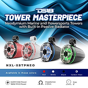 DS18 NXL-X8TPNEO/BK 8" Neodymium Marine Towers with Built-in Passive Radiator, 1" Driver and RGB LED Lights - High Performance, Marine Grade IP65 Rated, 550W Max 180W RMS 4 Ohms (Pair)