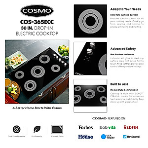 COSMO COS-365ECC Electric Ceramic Glass Cooktop with 4 Burners, Dual Zone Element, Hot Surface Indicator Light and Control Knobs, 36 inches, Black