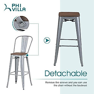 PHI VILLA Metal Patio Bar Stools Set of 4, 30 inches Counter Height Stools with Wooden Seat and High Back, Industrial Style Bar Chairs for Indoor & Outdoor, Pub, Kitchen Island - Matte Grey