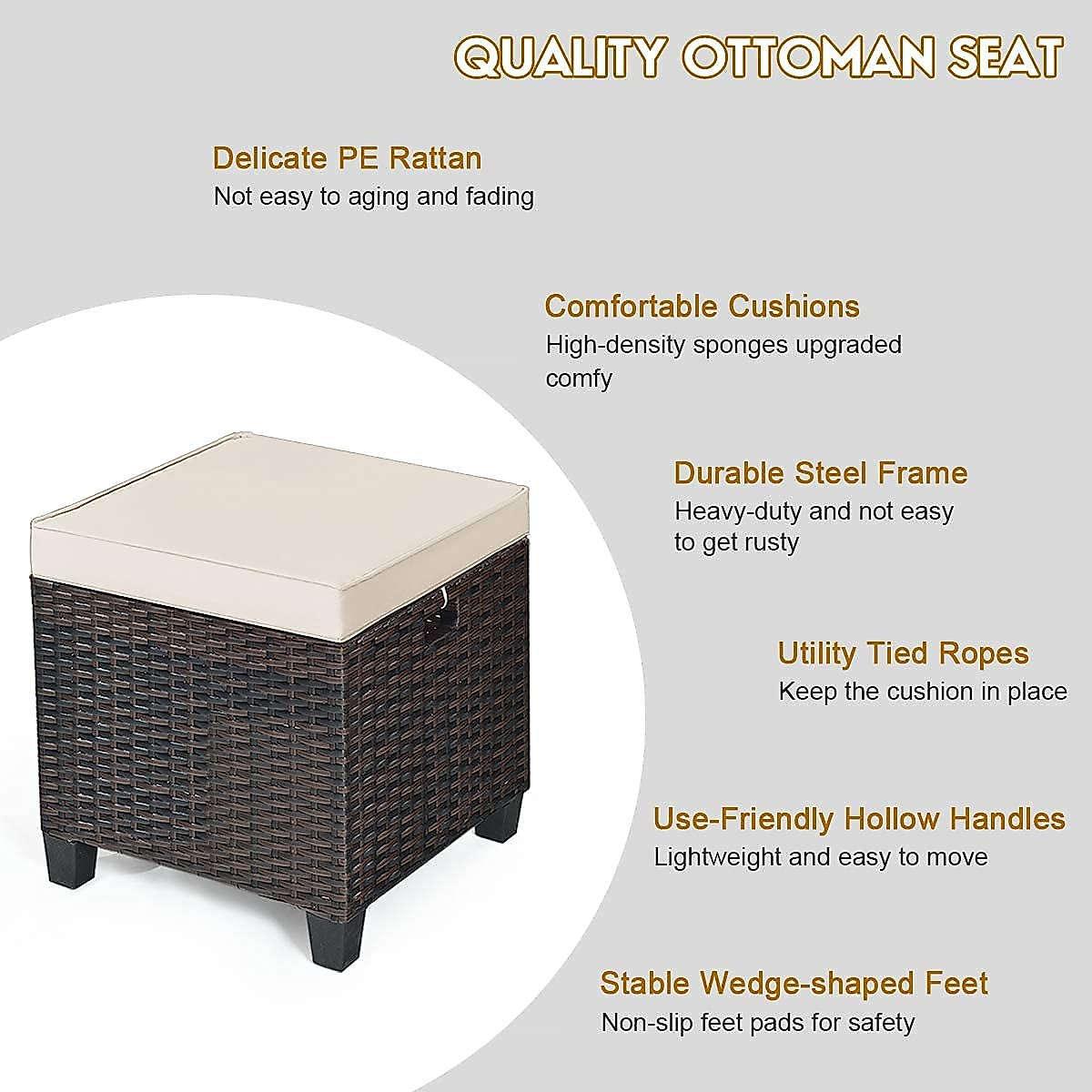 Giantex 2-Piece Rattan Patio Ottoman, All Weather Wicker Ottoman w/Removable Cushion & Steel Frame, Outdoor Footstool Footrest Furniture (Cream)