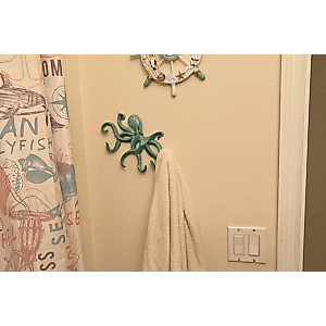 Octopus Keys Hook, Decorative Wall Mounted Nautical Wall Rack, Antique Key Holder Hook, Cast Aluminum Hanger for Coat, Hand Towel, Bathrobe, Jacket, Swimming, Kitchen & Balcony (Distressed Green)