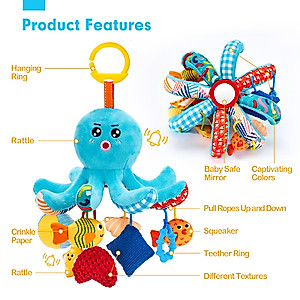 hahaland Baby Toys 0-6 Months - Octopus Toy with Pulling Cords, Squeaky, Crinkle, Rattle, Mirror - Baby Toys 3-6 Months Developmental Newborn Infant Toys - Baby Gifts