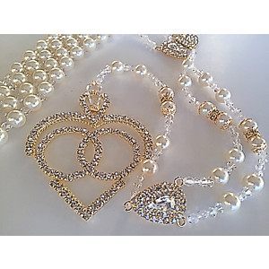 San Joaquin Creations Non-catholic Wedding Lasso Ivory Color Crystal Pearls Gold Plated With Rhinestones Heart/Lazo De Boda No Catolico