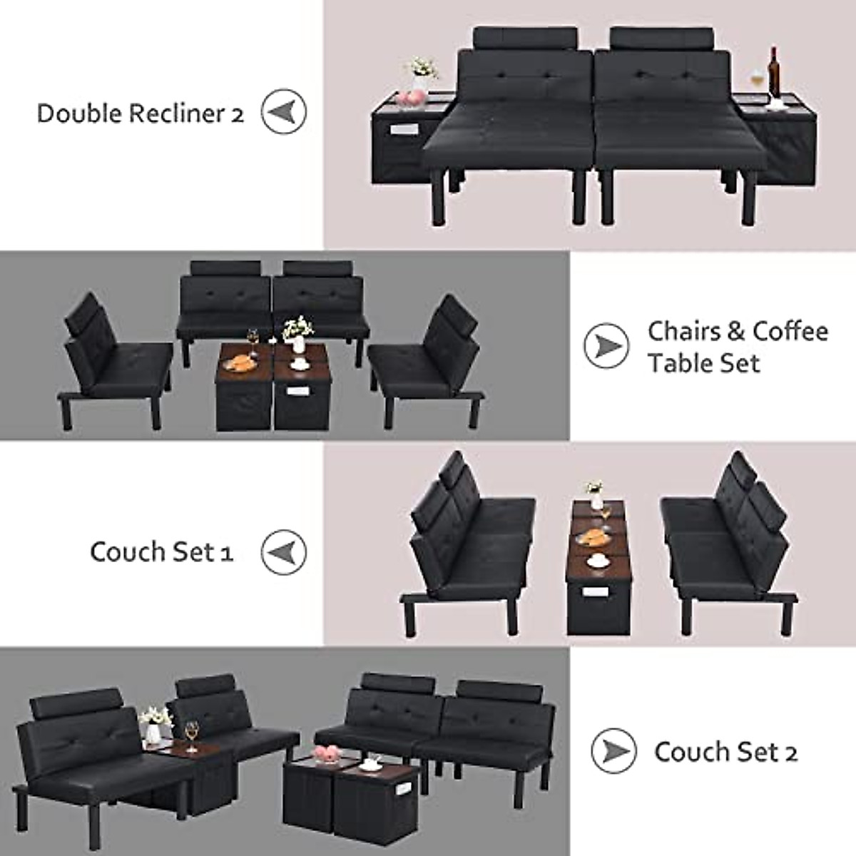 VUYUYU Convertible Futon Couch Bed with Two Storage Ottoman/Coffee Table, Leather Folding Loveseat Sleeper, Small Futon Sofa for Compact Living Space, Apartment, Dorm, Bedroom