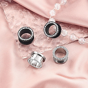 Longbeauty 4Pcs Black and Silver Stainless Steel with Zircon Stretcher Plugs Tunnels 0g