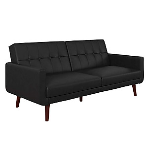 DHP Nia 79 Inch Futon Sofa Bed in Faux Leather, Upholstered Couch Sleeper with Button Tufted Back, Mid-Century Modern, Black